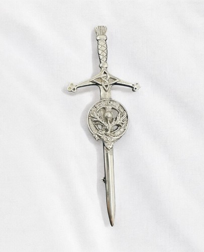 Scottish Kilt Pin Thistle Brooch, Signed Scotland Silvertone Sword Clan ...