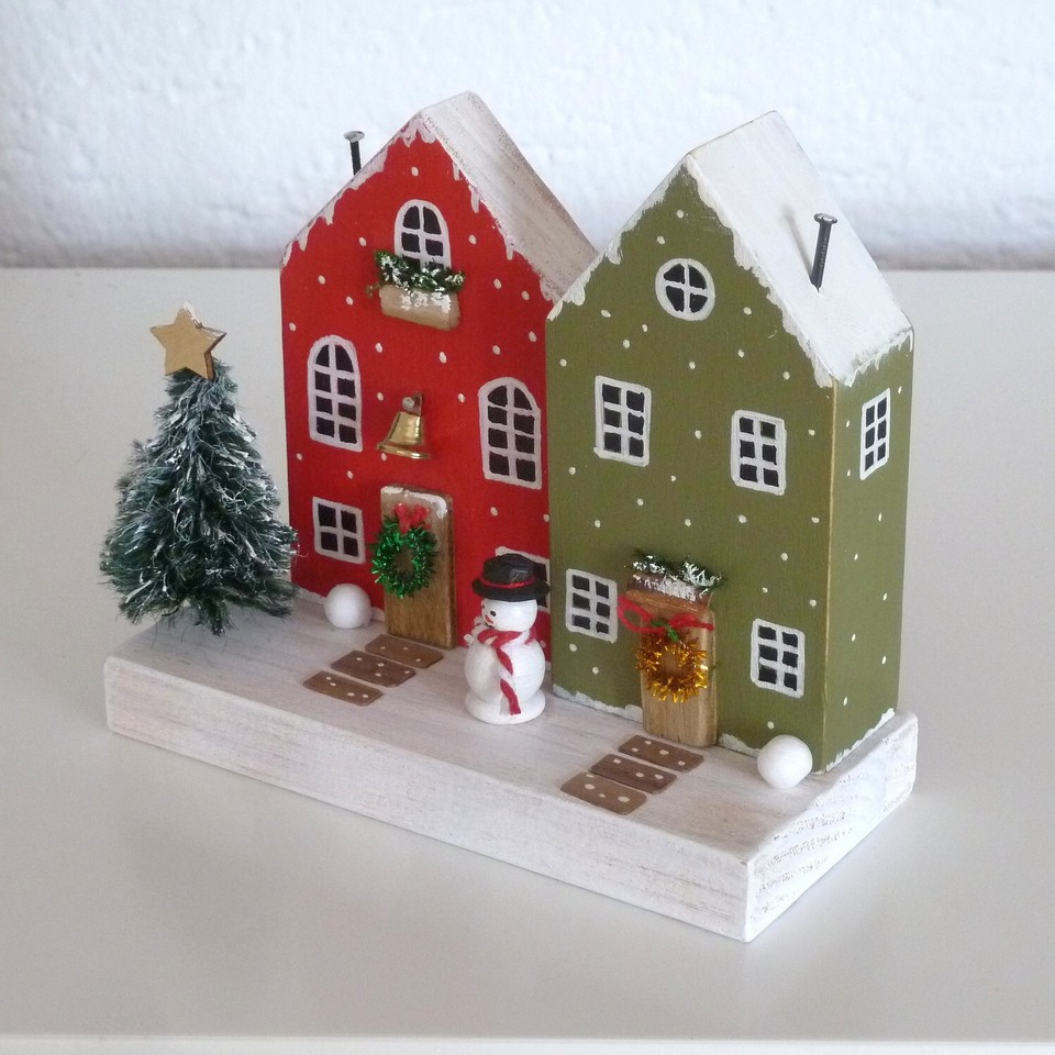 Handmade Snowy Christmas Village Scene – Wooden Red & Green Houses ...