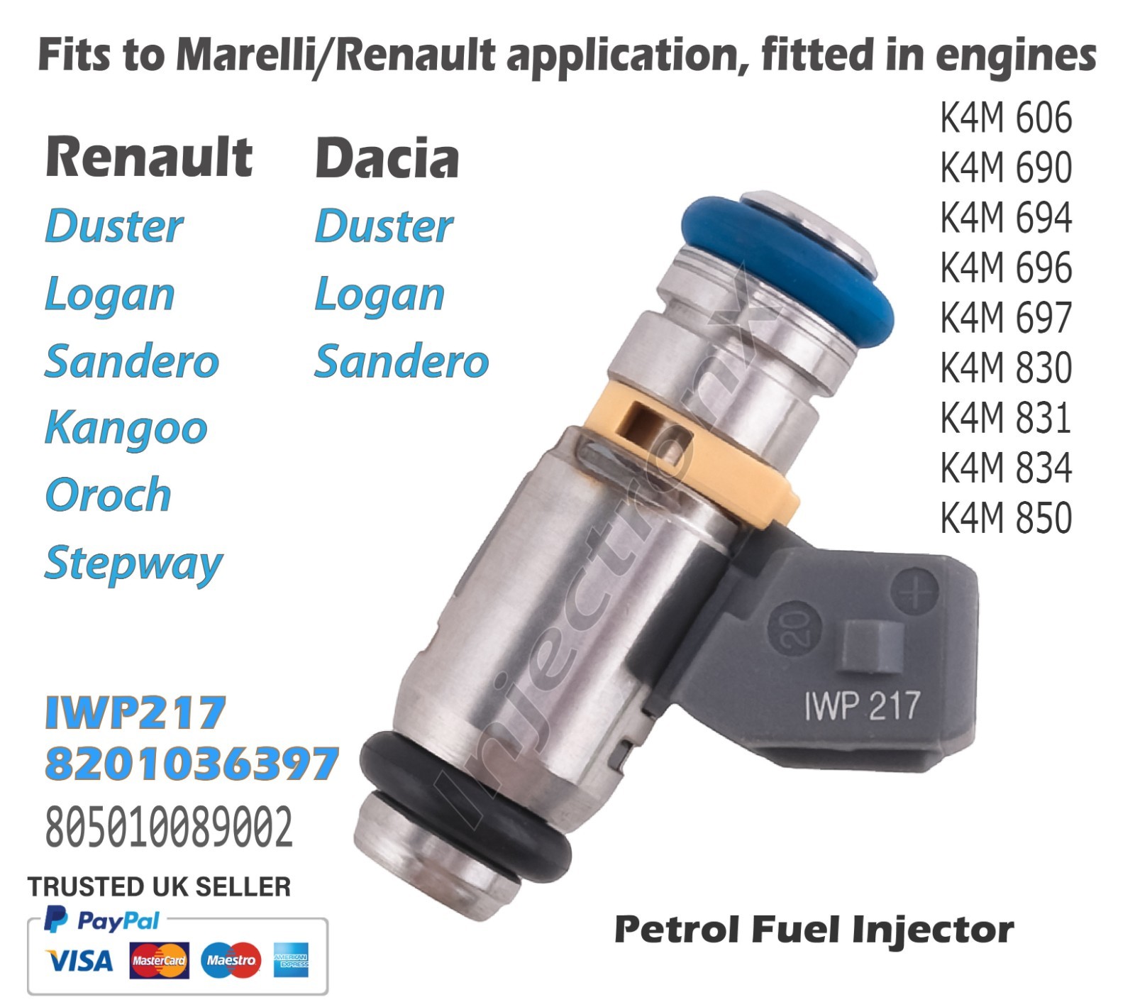 Petrol Fuel Injector 8201036397 IWP217 for Renault Dacia 1.6 16v Flex ...