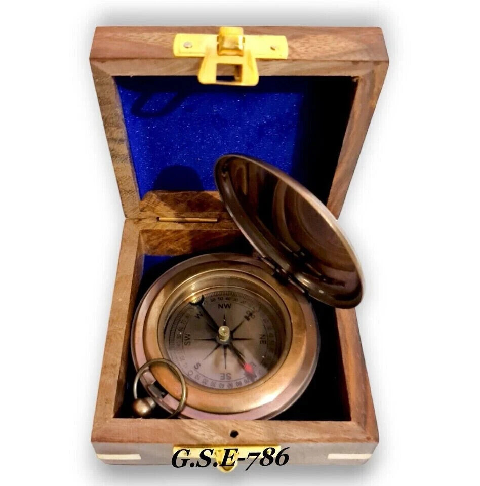gifts Vintage Nautical Brass Push Button Compass Berlin 1936 Wooden Box ...