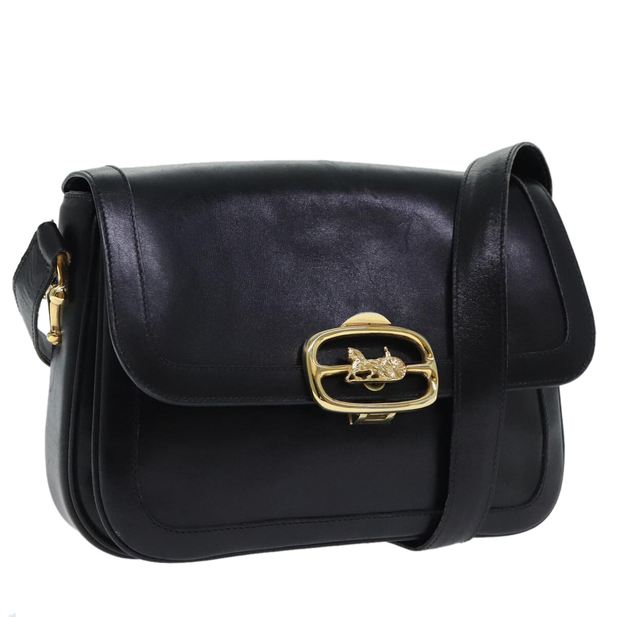 CELINE Horse Carriage Shoulder Bag Leather Black Gold Auth CELINE Horse Carriage Shoulder Bag Leather Black Gold Auth