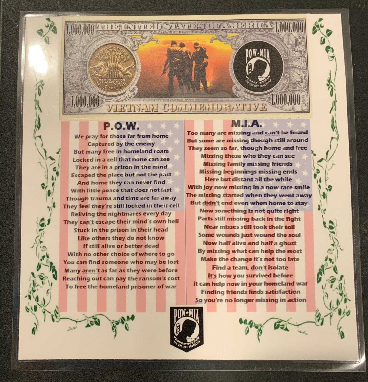 Patriotic Vietnam POW/MIA PTSD awareness poem and million dollar bill ...