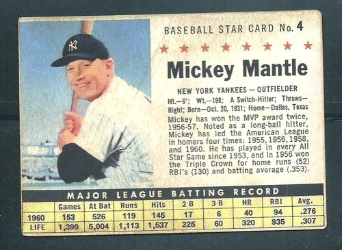 MICKEY MANTLE, 1961 Post Cereal Card #4, Aged Reprint, Beautiful ...