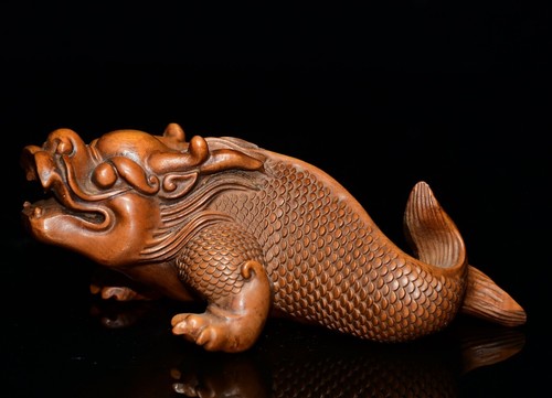 Chinese Vintage Boxwood Wood Carving Exquisite Dragon Fish Statue ...