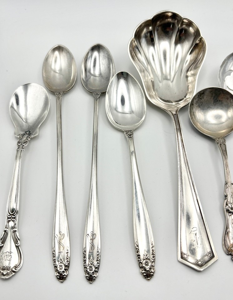 11 Sterling Silver Spoons + Serving Utensils 276 grams mixed lot scrap ...