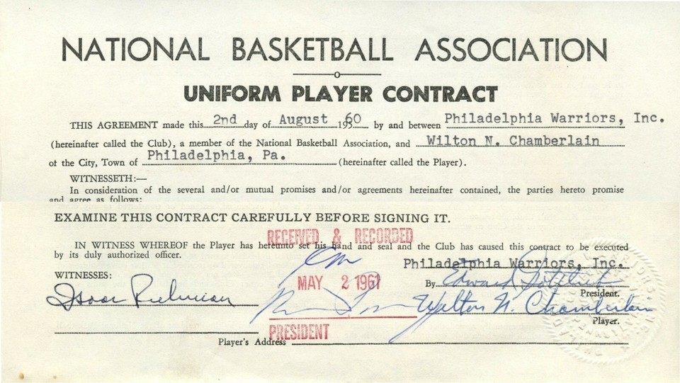 1960-61 SIGNED WILT CHAMBERLAIN WARRIORS NBA ROOKIE CONTRACT - THE HOLY ...