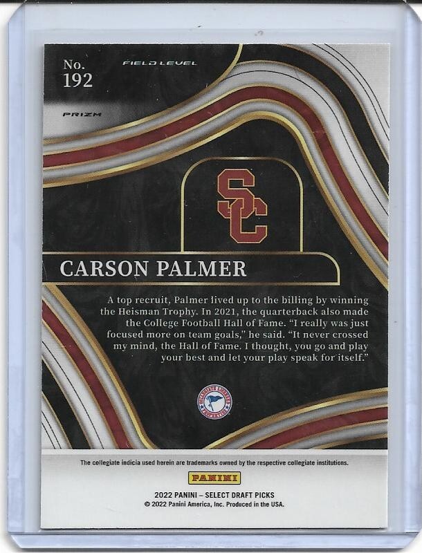 CARSON PALMER 2022 PANINI SELECT DRAFT PICKS RED LAZER FIELD LEVEL #192 ...