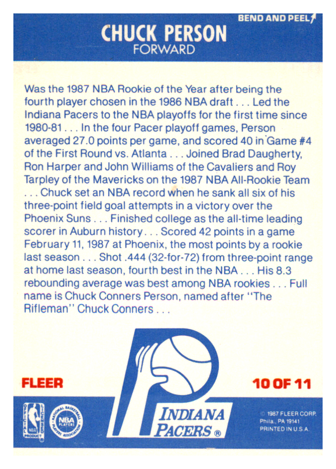1987 Fleer Basketball Chuck Person Sticker #10 of 11 Indiana Pacers | eBay