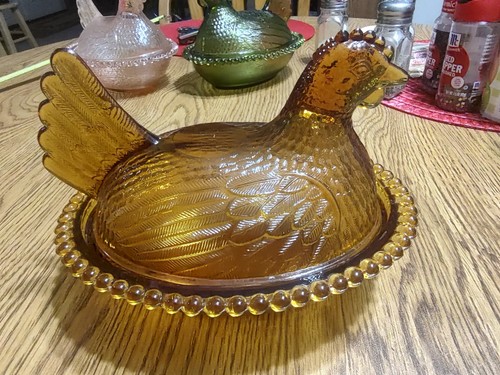 Indiana Glass Iridescent Horizon Amber Chicken Hen on Nest Covered ...