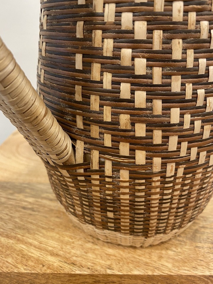 Vintage Clay Terracotta WICKER RATTAN Wrapped Pitcher Jug Vessel Handle ...