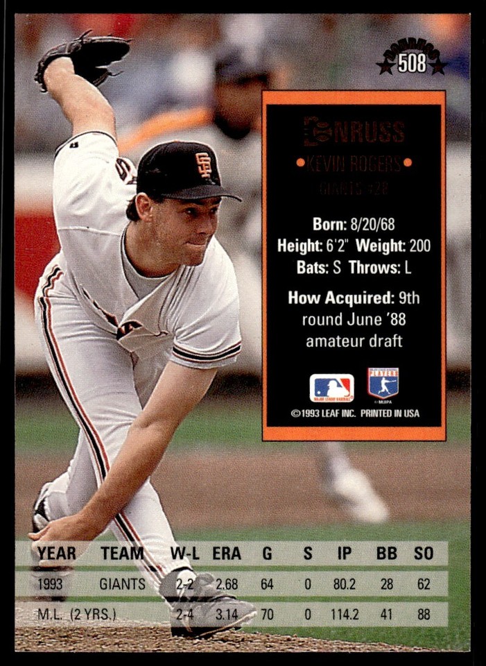 1994 Donruss Baseball Card Kevin Rogers o San Francisco Giants #508 | eBay