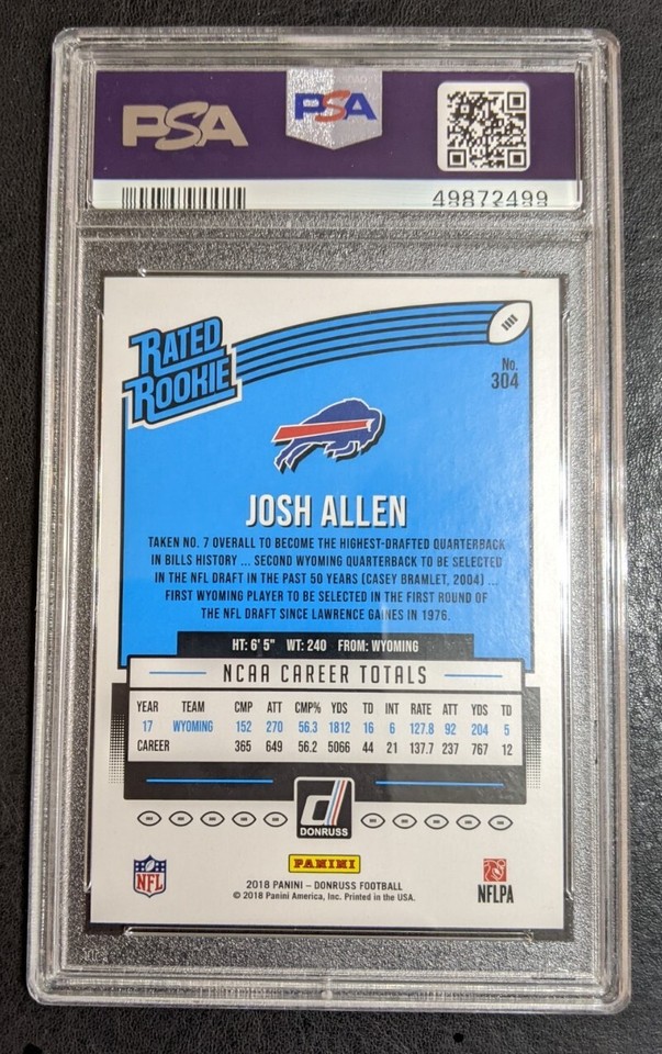 2018 Panini Donruss Josh Allen Rated Rookie PSA 10 GEM MINT BILLS #304 ...