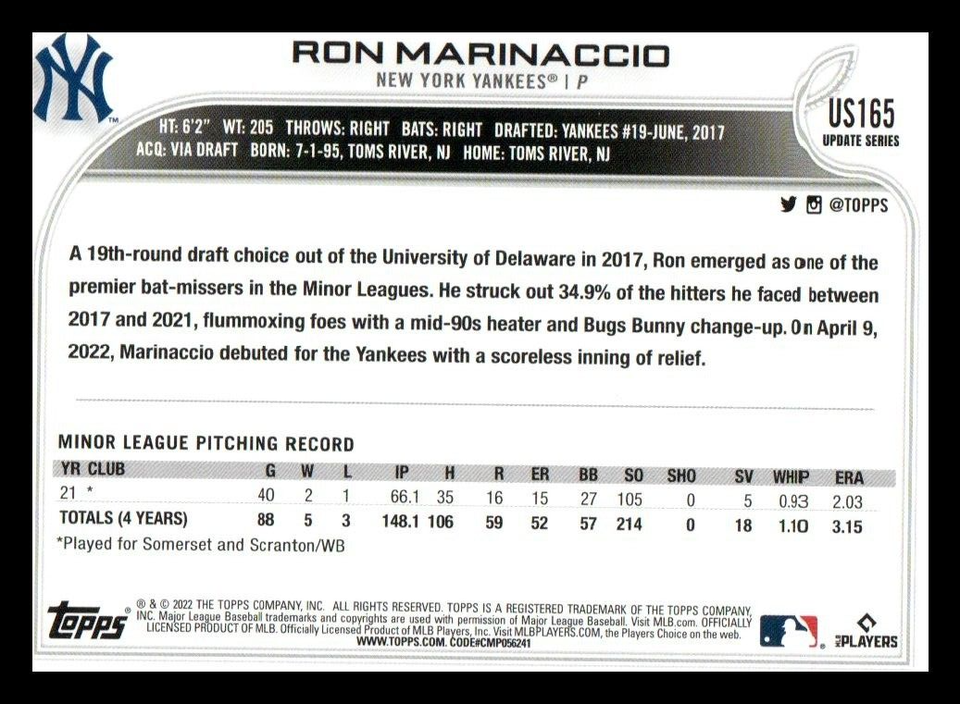 2022 Topps Update #US165 Ron Marinaccio New York Yankees Rookie Card | eBay
