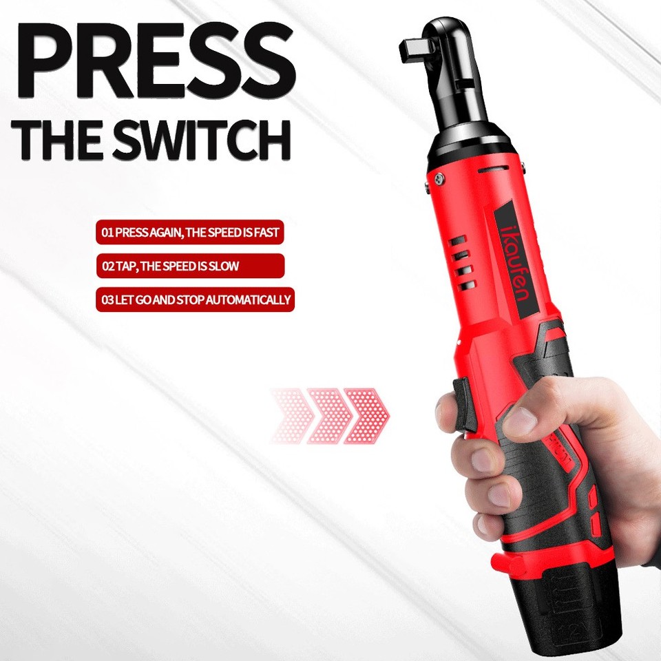 3/8" Electric Cordless Ratchet Right Angle Wrench Impact Power Tool + 2 ...