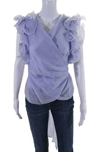 Amanda Uprichard Womens Striped Ruffled Wrap Blouse Blue White Size Small | eBay