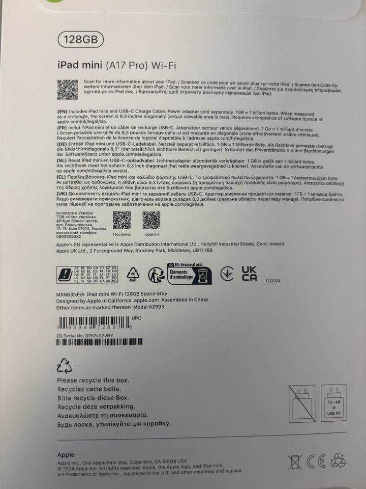 Apple iPad Mini 7 (7th Generation, A17 Pro, 2024) 128GB, WiFi, Space ...