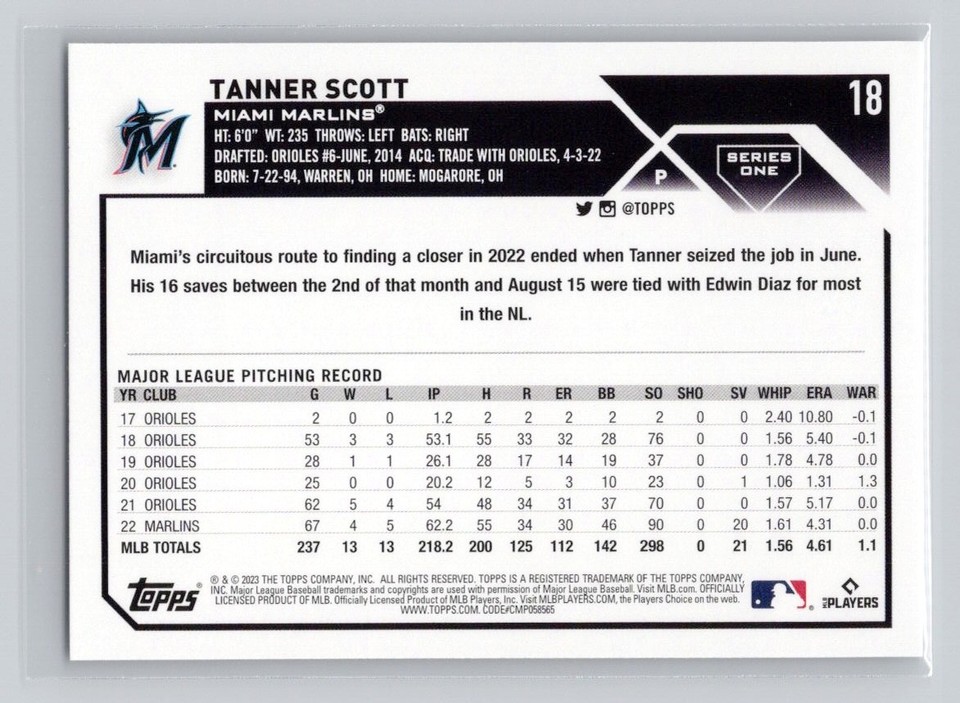 Tanner Scott 2023 Topps Series 1 Baseball #18 Miami Marlins | eBay