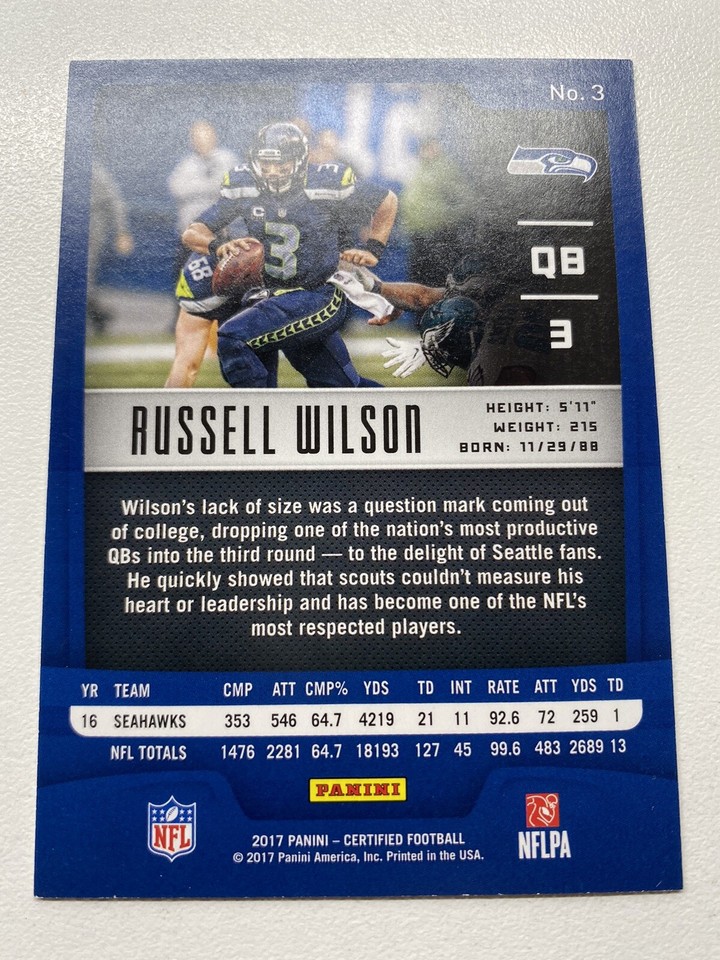 2017 Panini Certified Mirror Silver #3 Russell Wilson /499 Seattle ...