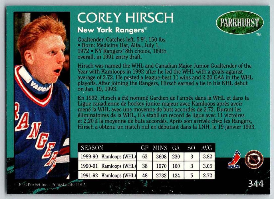 1992-93 Parkhurst COREY HIRSCH #344 New York Rangers Rookie RC | eBay