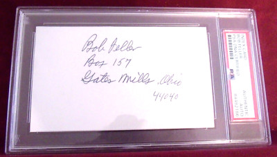 BOB FELLER RARE ADDRESS HOF 62 HAND SIGNED INDEX CARD SLABBED AUTHENTIC ...