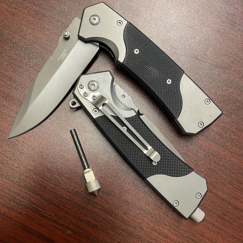 9” Black G10 handle Pocket KNIFE quick Open EDC Cool Hunting Camping ...