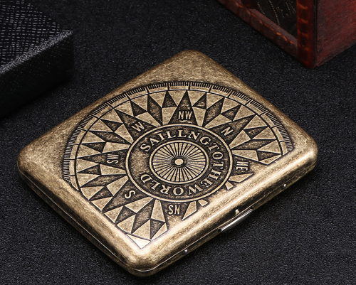 Vintage Bronze Cigarette Case Metal Pockets Embossed Compass Double ...
