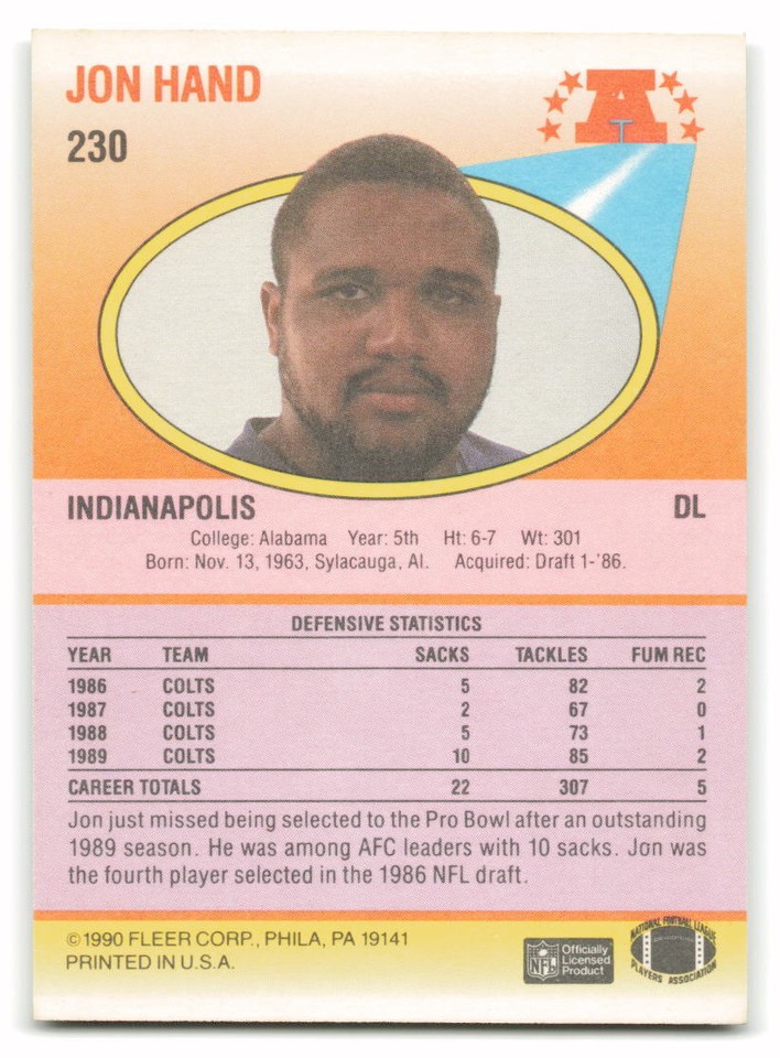 Jon Hand 1990 Fleer FOOTBALL #230 Indianapolis Colts | eBay
