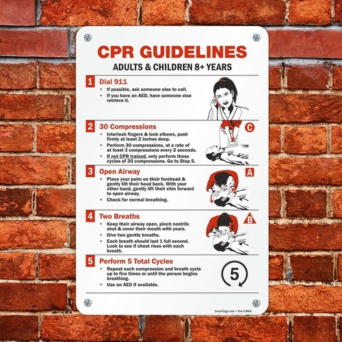 "CPR Guidelines - Adults & Children 8+ Years" Sign | 12" x 18" Aluminum ...