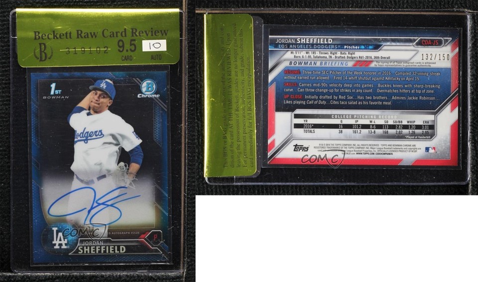 2016 Bowman Draft Chrome Pick Blue Refractor 132/150 Jordan Sheffield ...