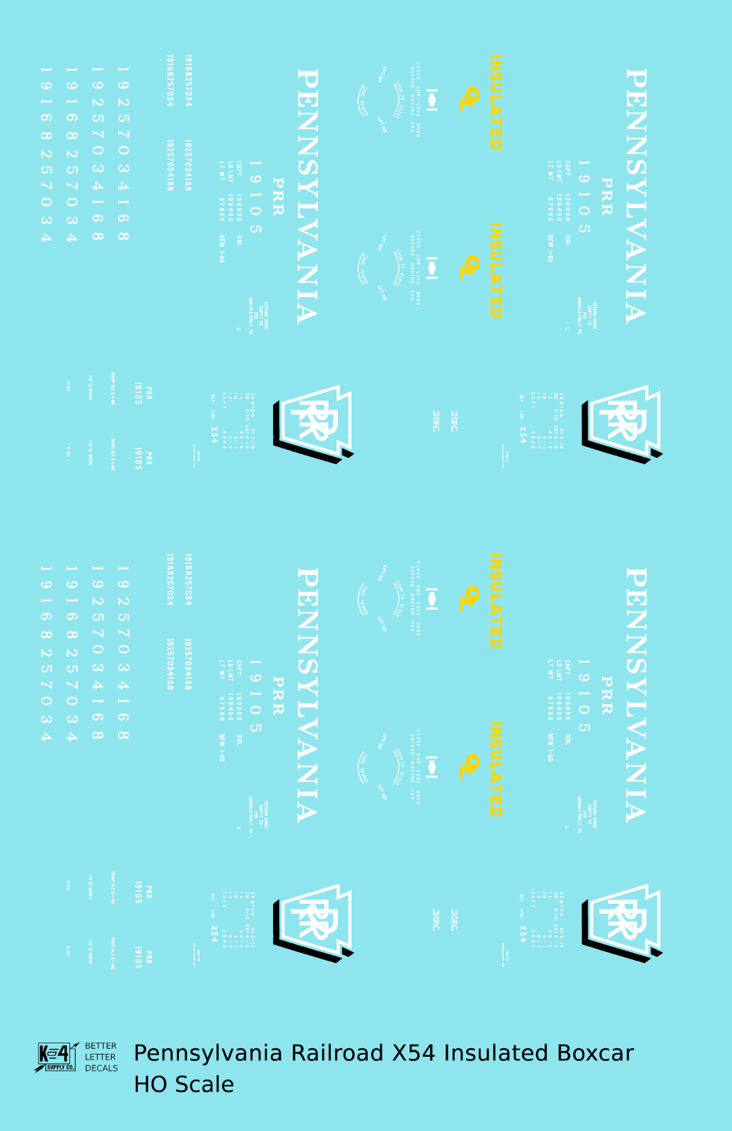 K4 HO Scale Decals Pennsylvania Railroad PRR X54 40 Ft Insulated Boxcar ...