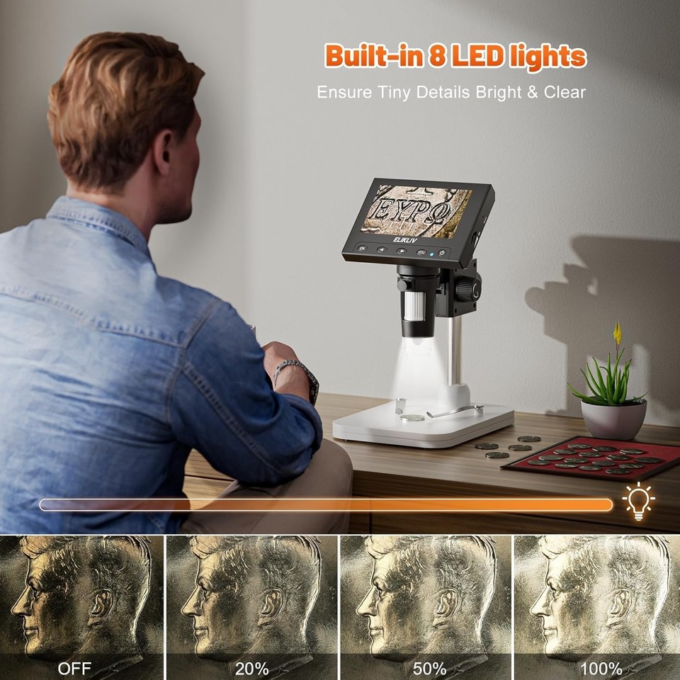 LCD Coin Magnifier with Ultimate 1000x Zoom, 8 LED Lights, and ...