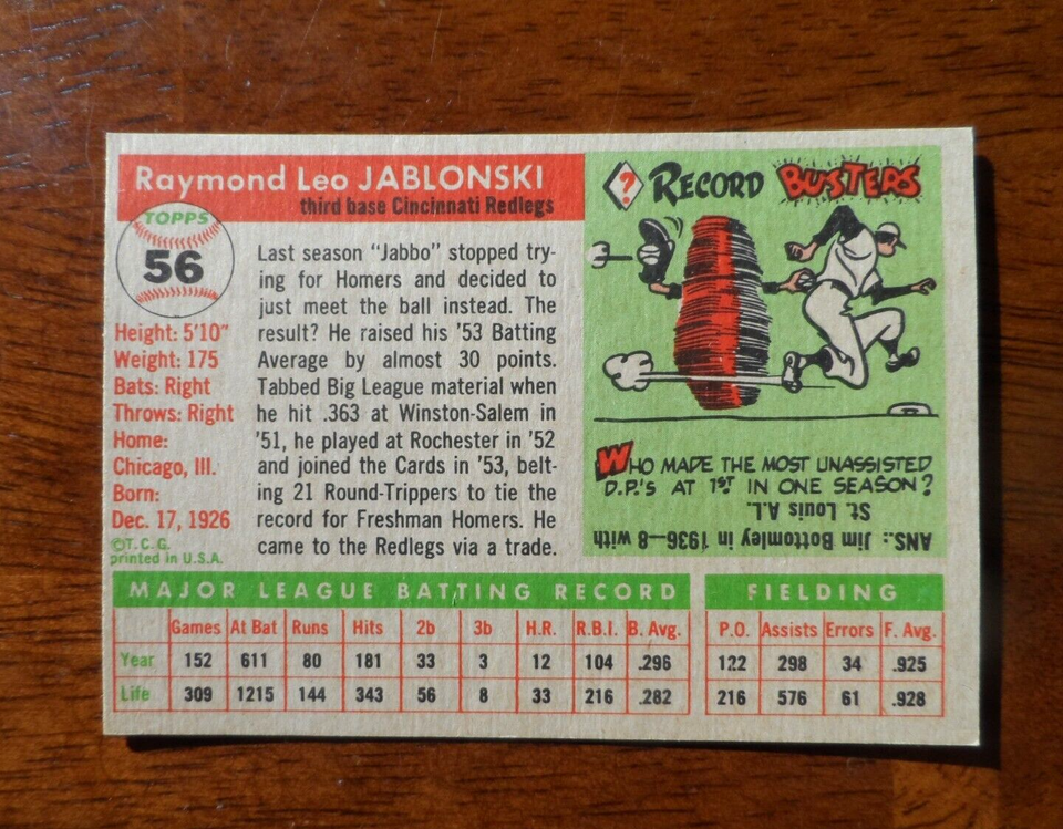 1955 TOPPS BASEBALL #56 RAY JABLONSKI CINCINNATI REDLEGS EX/MT A-2261 ...