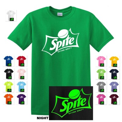 GLOW IN THE DARK SPITE EXTRA SALTY SPRITE SODA PARODY HUMOR FUNNY TEE T ...