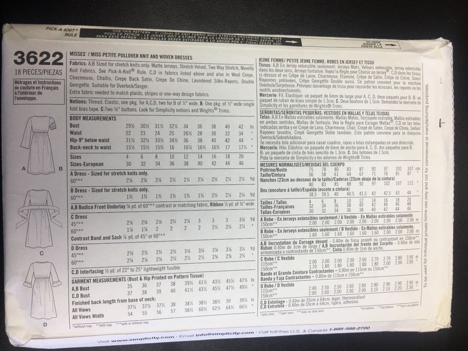 Simplicity #3622 Misses/Petite Pullover Knit & Woven Dresses - Multiple ...