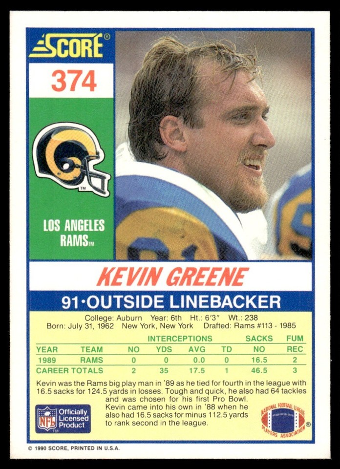 1990 Score Kevin Greene Los Angeles Rams #374 | eBay