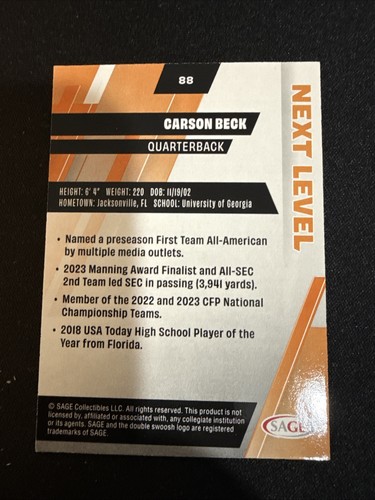 2025 Sage Carson Beck Rookie Card Next Level Silver #88 Georgia ...