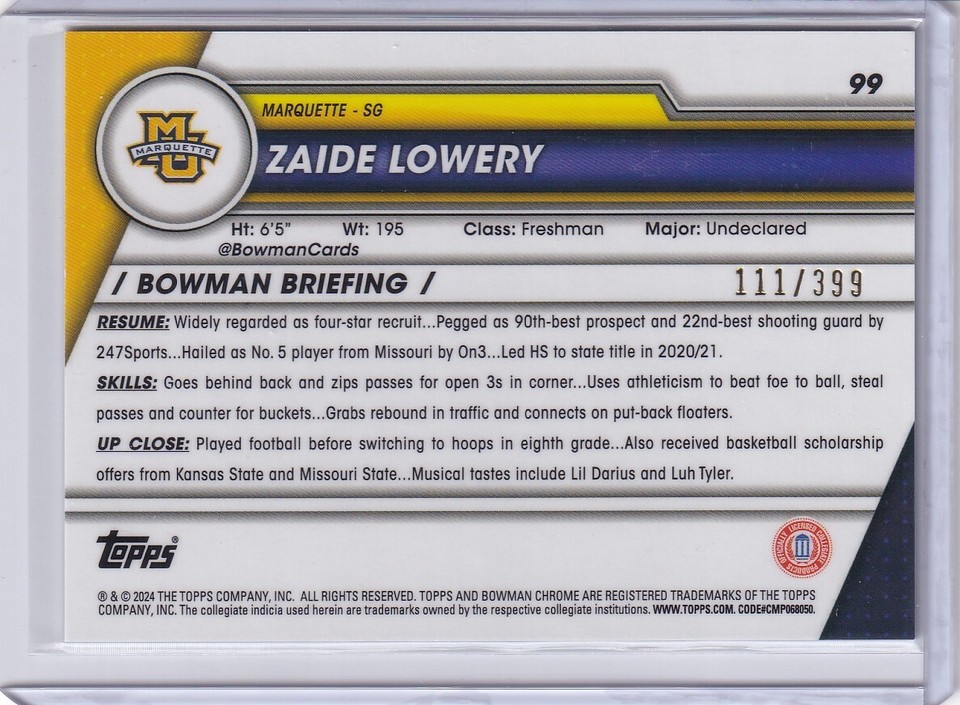 Zaide Lowery 2023 Bowman Chrome University Purple Diamond /399 $1.50 ...