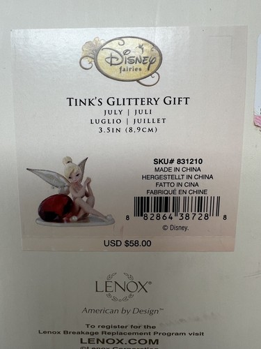 ‘TINK’S GLITTERY GIFT’ Lenox DISNEY Tinker Bell w/Ruby Crystal FIGURINE ...
