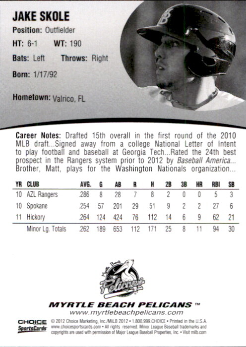 2012 Myrtle Beach Pelicans Choice #26 Jake Skole Valrico Florida ...