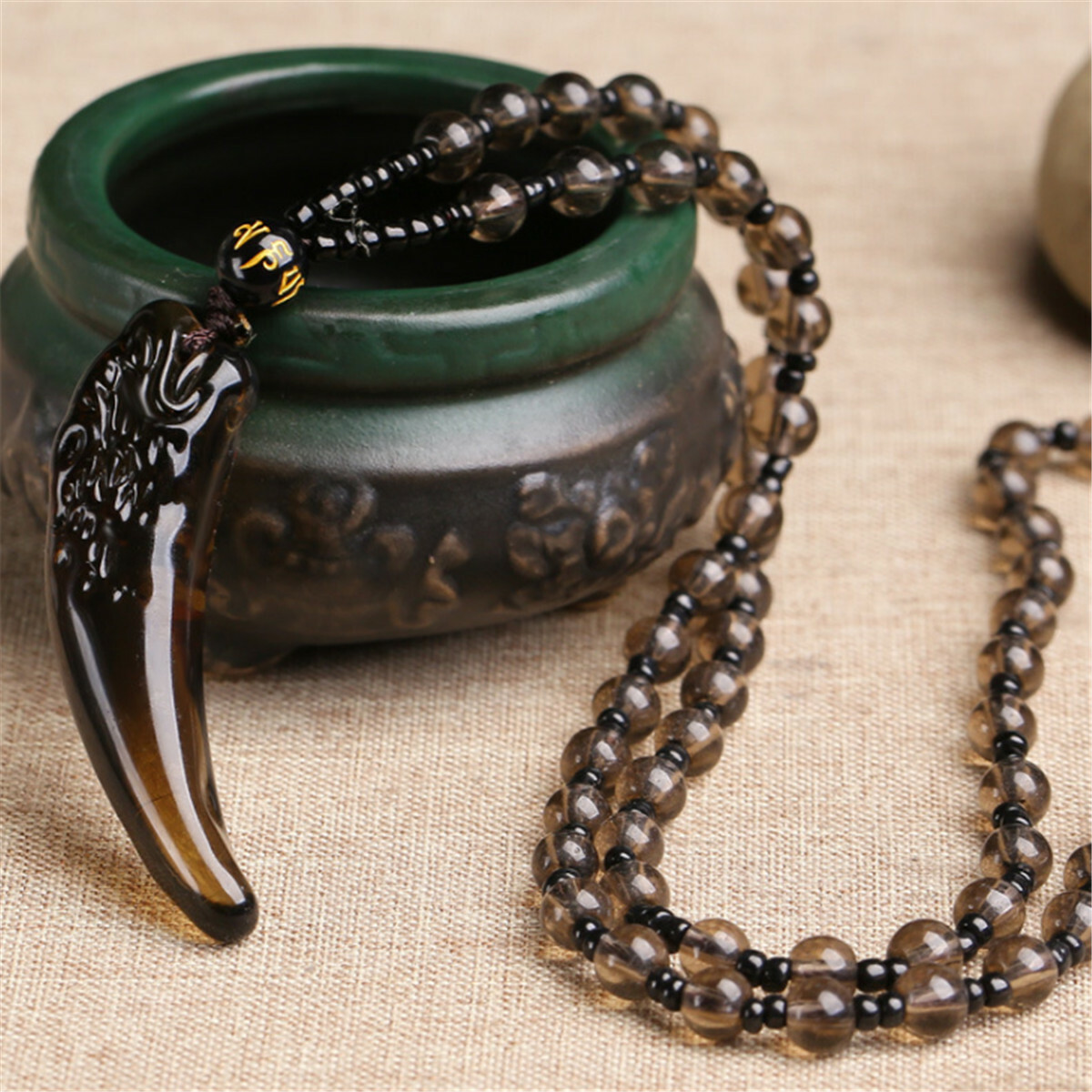 Classical Natural Stone Black Ice Obsidian Pendants Necklace Wolf Tooth ...