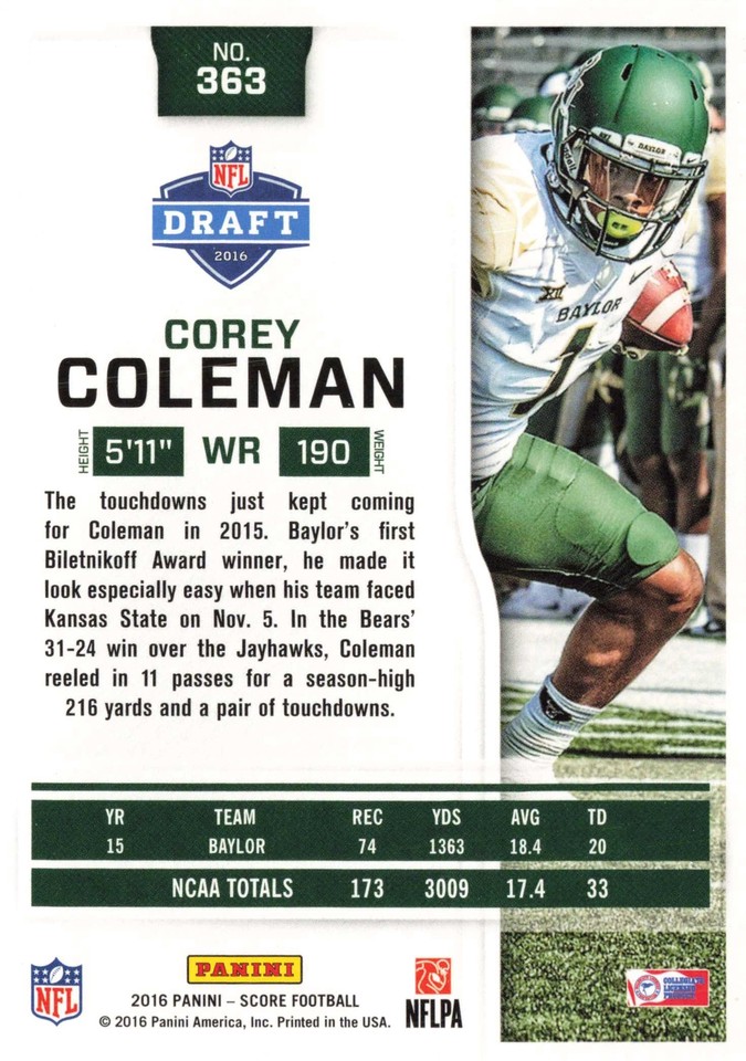 Corey Coleman 2016 Score #363 Baylor Bears | eBay