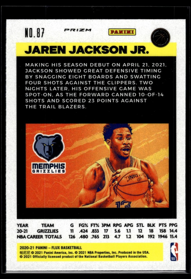 Jaren Jackson Jr. 2020 Panini Flux Silver Laser Prizm Card #87 | eBay