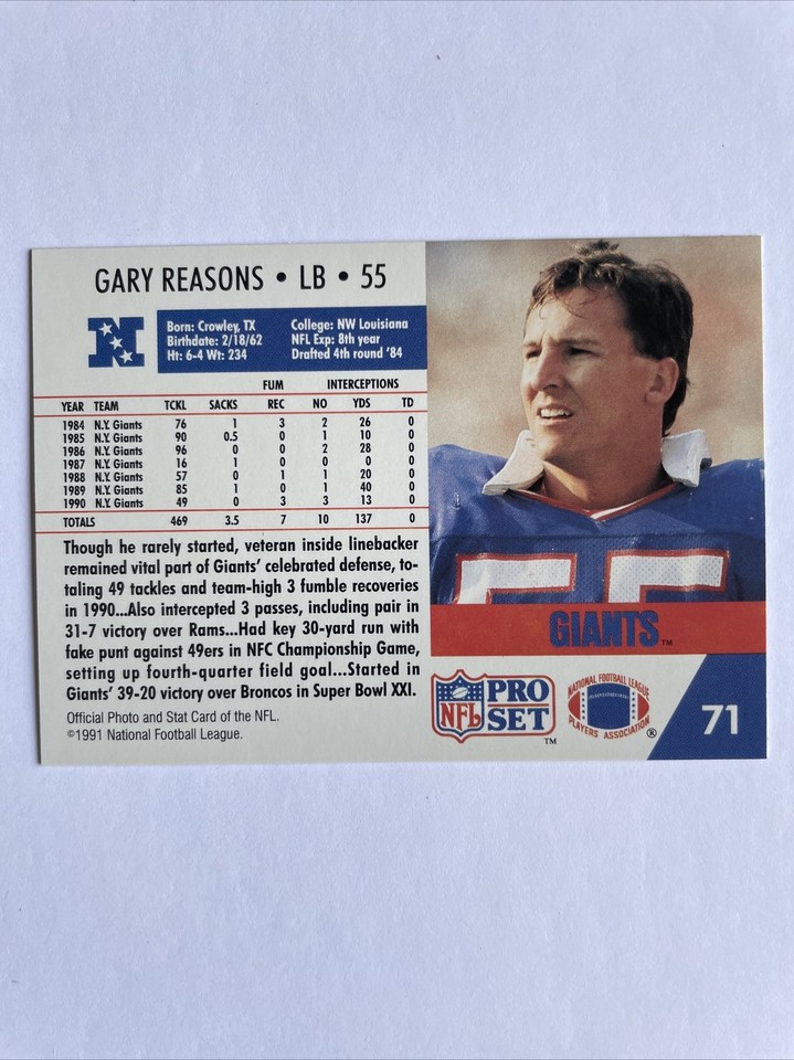 1991 Pro Set #71 Gary Reasons NFL New York Giants Mint | eBay