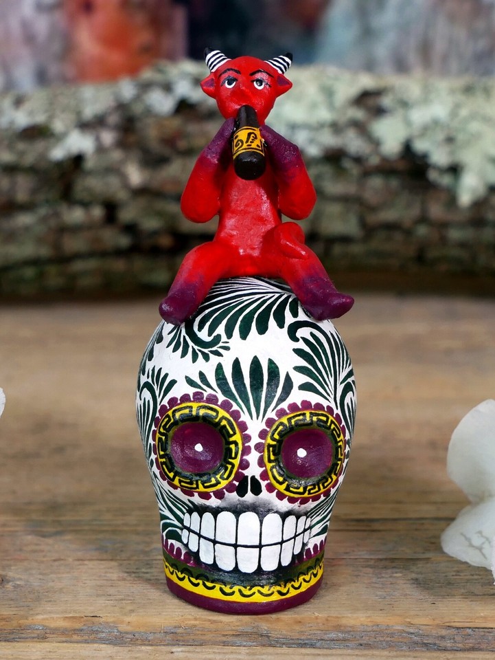 Baby Devil Drinking a Beer Sugar Skull Day of the Dead Handmade Mexican ...