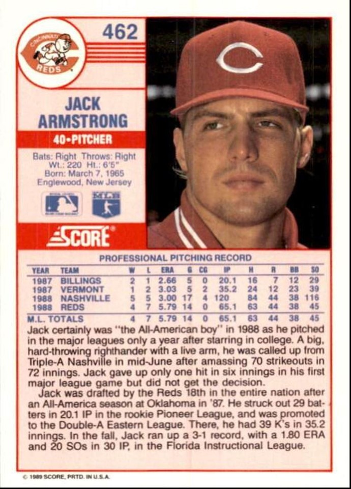 1989 Score Baseball Card Jack Armstrong Rookie A Cincinnati Reds #462 ...