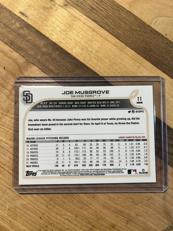 2022 Topps Chrome JOE MUSGROVE Prizm Refractor Card #11 San Diego ...