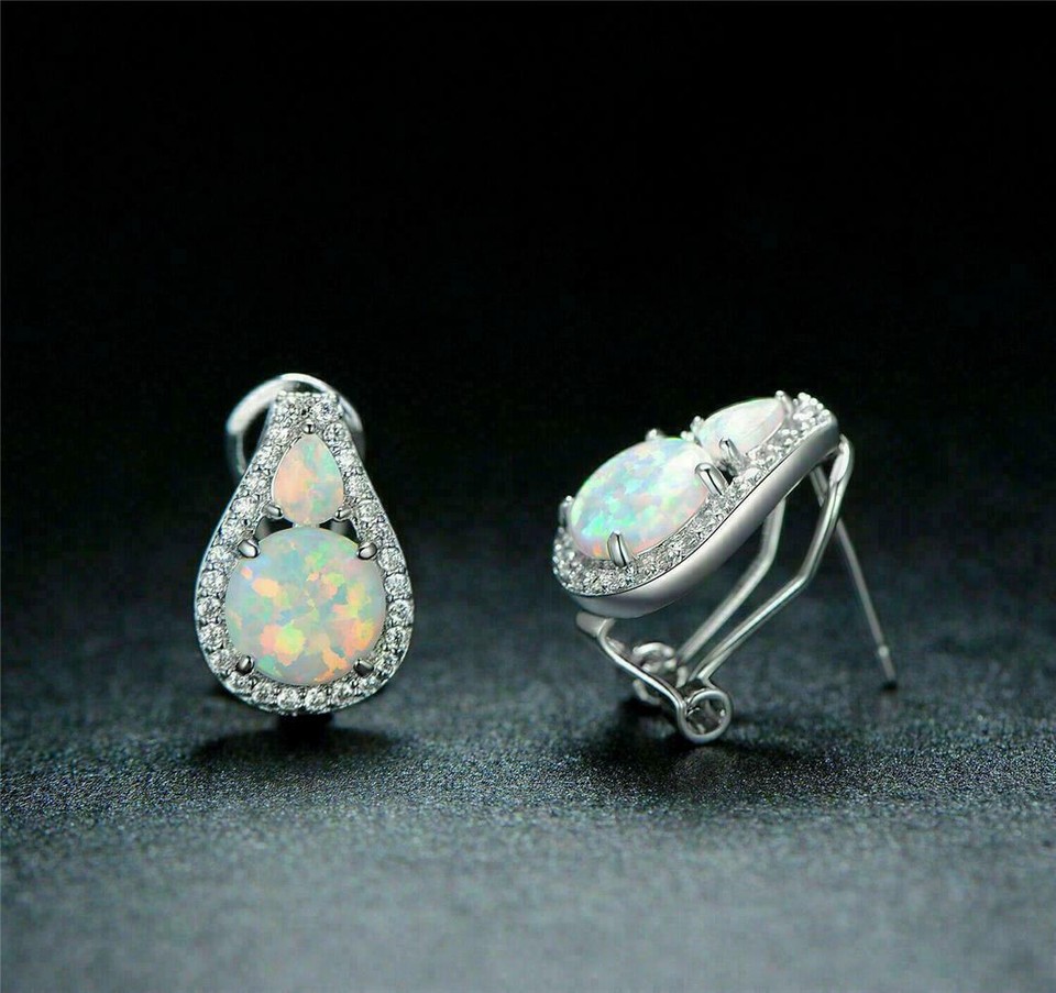 4Ct Round Cut Fire Opal Halo Stud Omega Back Earrings 14K White Gold ...