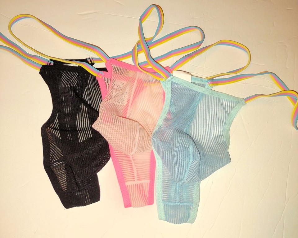 Men's Rio Thong G String SHEER MESH Striped Rib Spandex COLOR BLAST ...