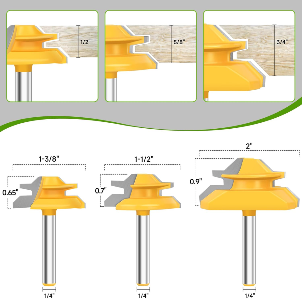 45 Degree Lock Miter Router Bit 1/4 Inch Shank 3 Pcs Joint Router Bit ...