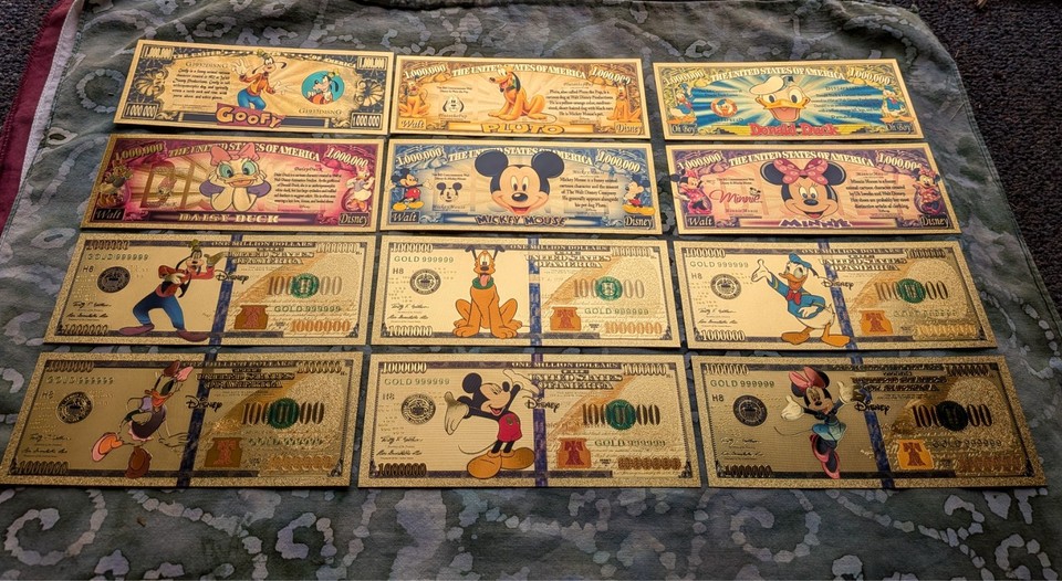 12 Pc 24k Gold Foil Plated Disney Mickey Mouse Collectible Banknote Set ...